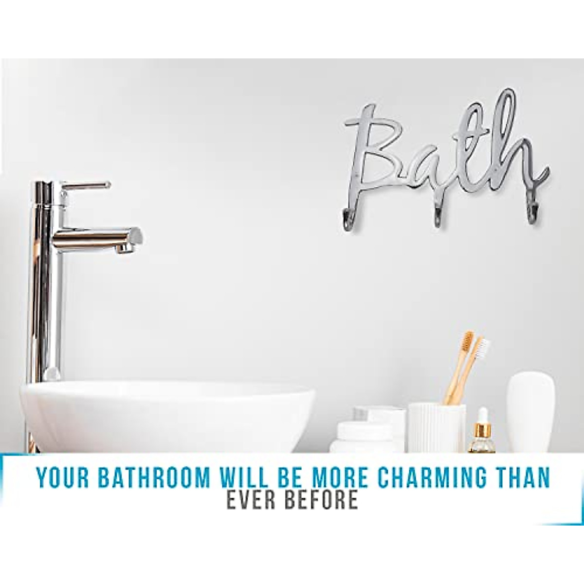 Comfify Modern Style “Bath” Wall Mount Towel Holder and Robe Hook Hand-Cast Aluminum Bathroom Hanger Decor w/ 3 Hooks for Towels, Robes, Clothing | Includes Screws and Anchors | Silver Color