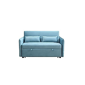 Cotoala Modern Velvet Convertible Loveseat Sleeper Sofa with Adjustable Pull Out Bed w/Arms & Two Side Pockets, Two Lumbar Pillows, 2 Seat Couch Living Room and Apartment, Blue