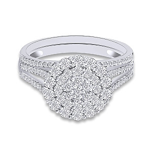 AFFY 1/4 Carat Round Cut Natural Diamond Flower Bridal Set Engagement Ring In 14K White Gold Over Sterling Silver (0.25 Cttw, I2-I3 Clarity), Ring Size-9