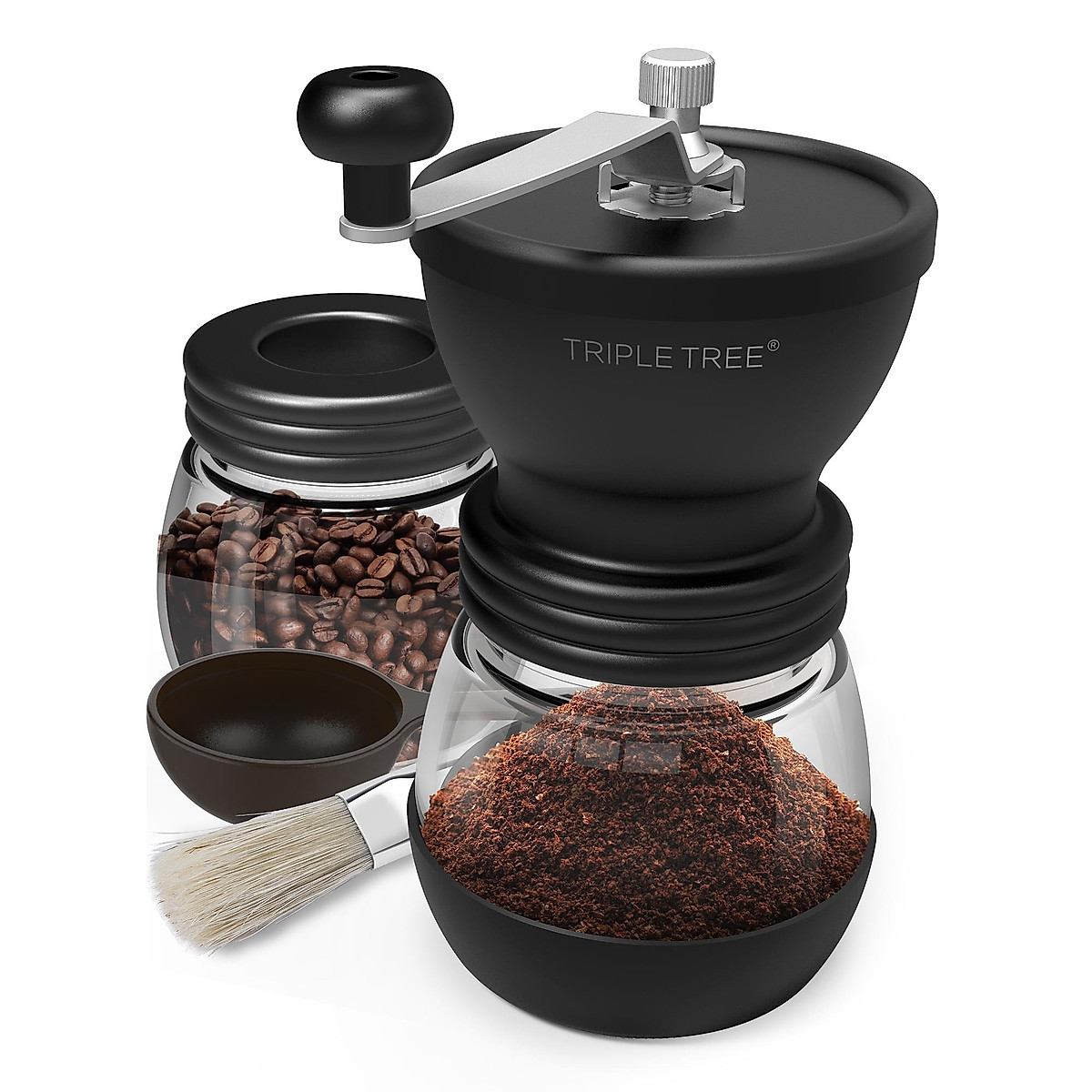 Manual Coffee Grinder with Ceramic Burrs, Hand Coffee Mill with Two Glass Jars(11oz each), Brush and Tablespoon Scoop