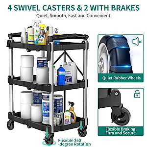 YITAHOME Folding Utility Service Cart, 240LBS 3 Tier Foldable Cart with Wheels Collapsible Cart on Wheels with 360°Swivel Wheels (2 with Brakes), Portable Cart for Home Garage Restaurant Office
