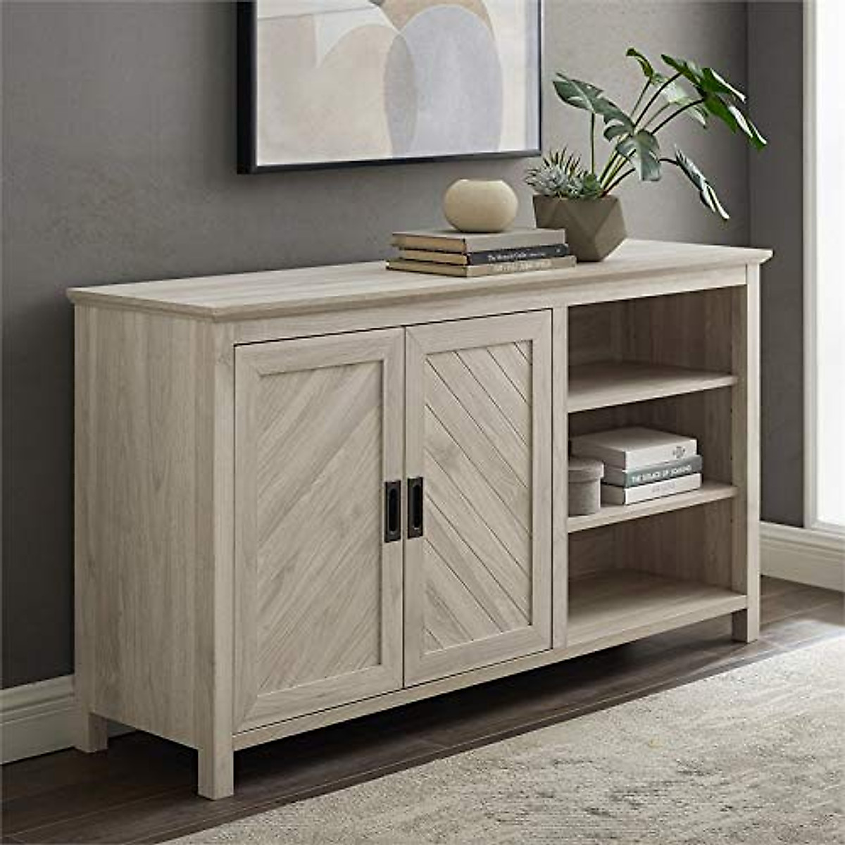 Walker Edison Modern Wood Grooved Buffet Sideboard with Open Storage-Entryway Serving Storage Cabinet Doors-Dining Room Console, 58 Inch, Birch