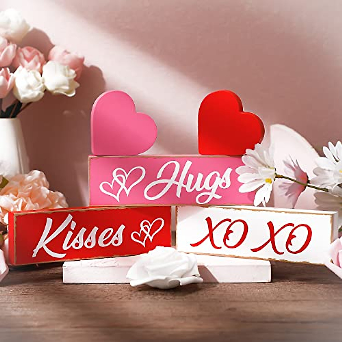 5 Pcs Valentine's Day Decorations Wooden Heart Blocks Signs Hugs Kisses Valentines Sign Decorations Gift Tiered Tray Decor Wood Heart Shape Wedding Decorations for Home Farmhouse (Heart)