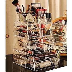 Cq acrylic Clear Makeup Storage Organizer Drawers Skin Care Large Cosmetic Display Cases Stackable Storage Box With 11 Drawers For Dresser 1 Pack