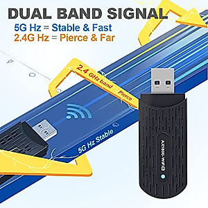 WiFi 6 Adapter,WiFi Dongle for Desktop PC,WiFi Dongle,USB WiFi 6E Adapter,AX1800Mbps,USB3.0 Dual Band 2.4GHz/574Mbps & 5GHz/1201Mbps High Speed,Support Win 10/11
