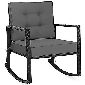 Tangkula Wicker Rocking Chair, Outdoor Glider Rattan Rocker Chair with Heavy-Duty Steel Frame, Patio Wicker Furniture Seat with 5” Thick Cushion for Garden, Porch, Backyard, Poolside (1, Gray)