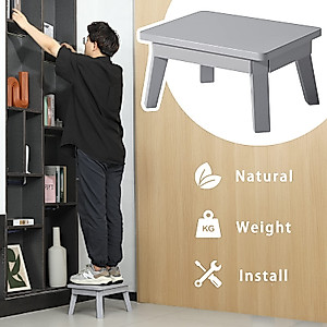 HOUCHICS Wooden Step Stool,One Step Stool for Adult Kids,Gray Wood Bedside Step Stool for Kitchen,Bathroom,Bedroom(Gray)