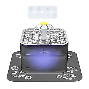 Crystal Cat Water Fountain Stainless Steel, 100oz/3L Pet Fountain with Transparent Base and LED Light, 3 Replacement Carbon Filters and 1 Foam Filter(Grey)