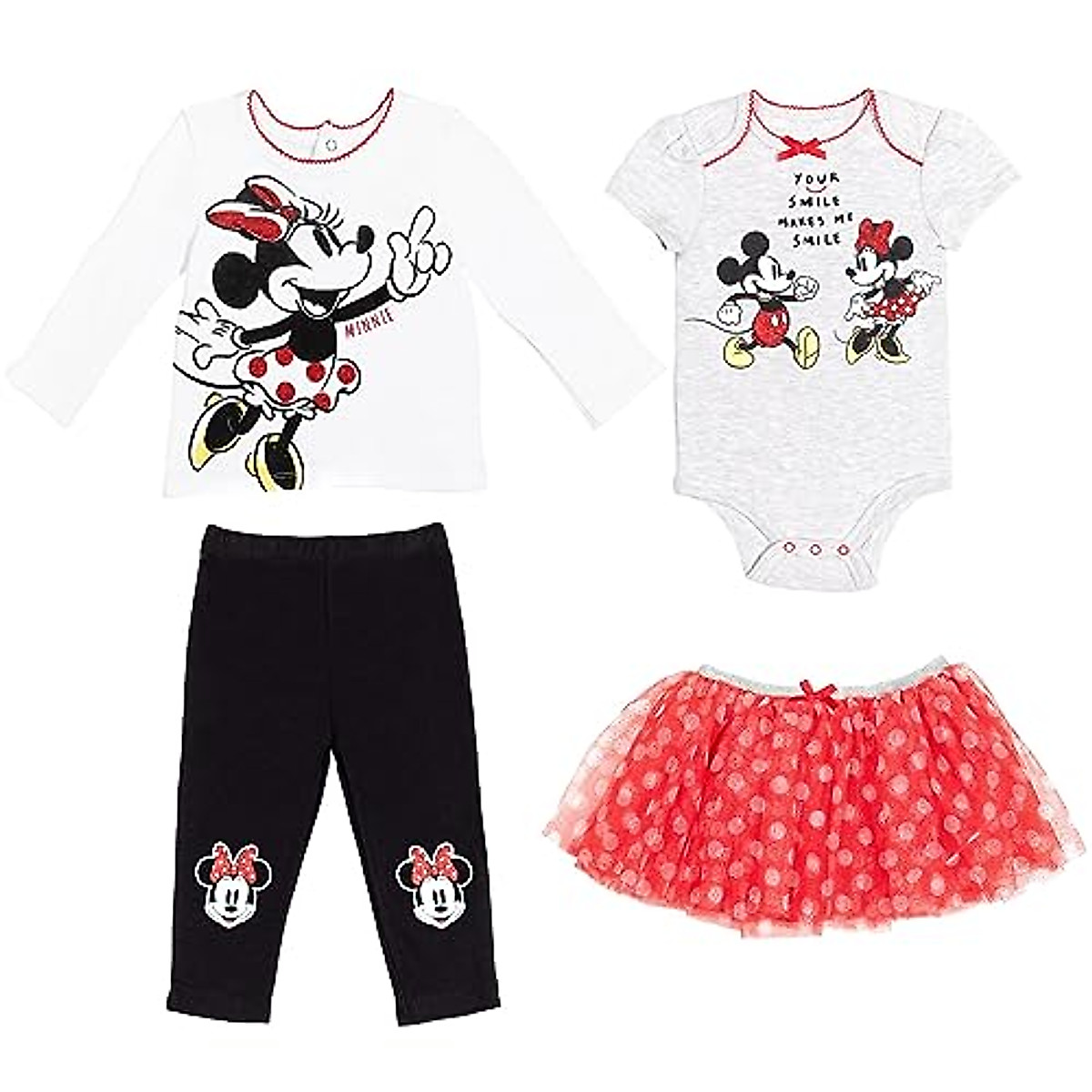 Disney Minnie Mouse Infant Baby Girls Bodysuit T-Shirt Mesh Skirt and Leggings 4 Piece Layette Set Dark Multipack 18 Months