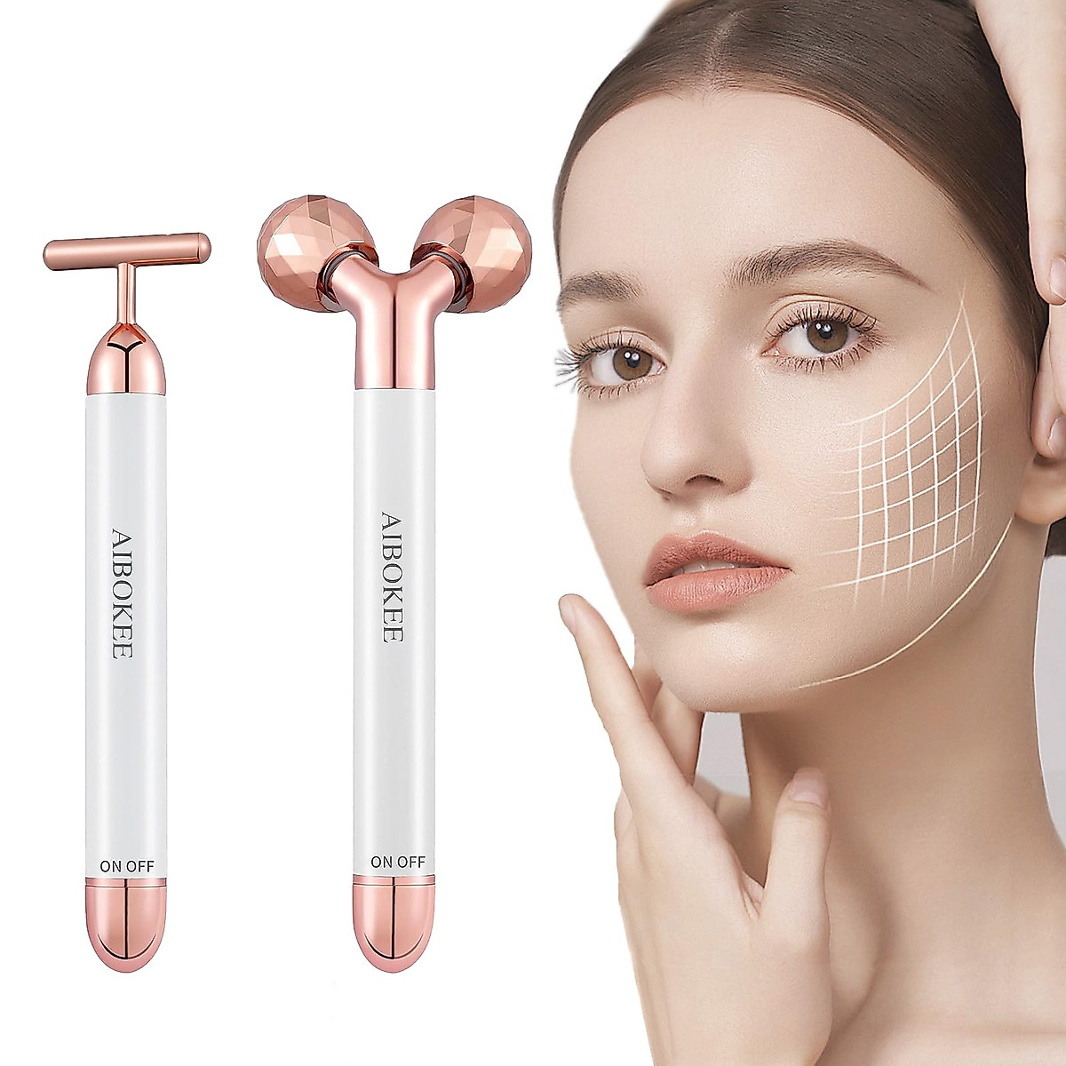 AIBOKEE 2 in 1 Face Massager Electric, 3D Face Massager Roller and T Shape Facial Massager Roller Vibrating,Skincare Tools for Face Arm Eye Waist Leg,Powered by One AA Battery（2 Piece Set）