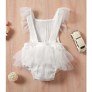 2pcs Summer Baby Girls Romper Dress Headband Knitted Lace Fly Sleeve Solid Ruffles Jumpsuits Clothing(White, 6-12 Months)