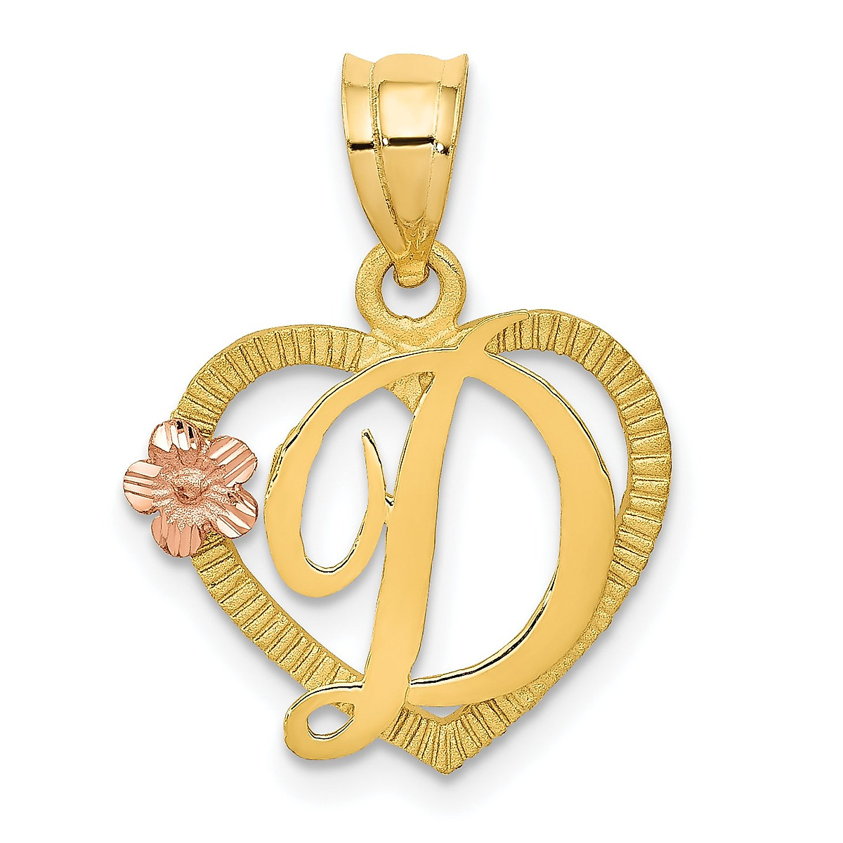 14k Two-Tone Yellow Gold Letter D Initial With Rose Gold Flower Inside Open Heart Pendant 22x16mm