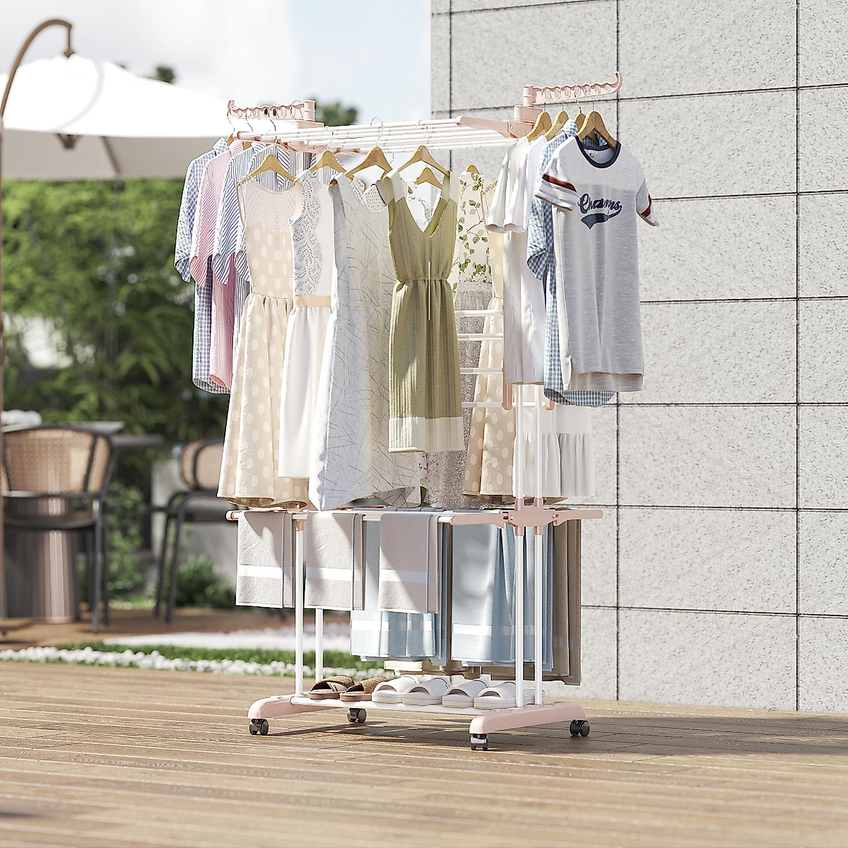 TOOLF Foldable Clothes Drying Rack, 4-Tier Drying Rack Clothing, Laundry Drying Rack with Foldable Wings, Space Saving Laundry Rack, Pink