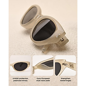 FURTALK Oval Cat Eye Sunglasses, Vintage 90s Style Frame, Polarized Lens, UV Protection (Ivory)