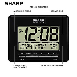 Sharp Atomic Desktop Clock – Auto Set Digital Alarm Clock - Atomic Accuracy - Easy to Read Screen with Time/Date/Temperature Display- Perfect for Nightstand or Desk