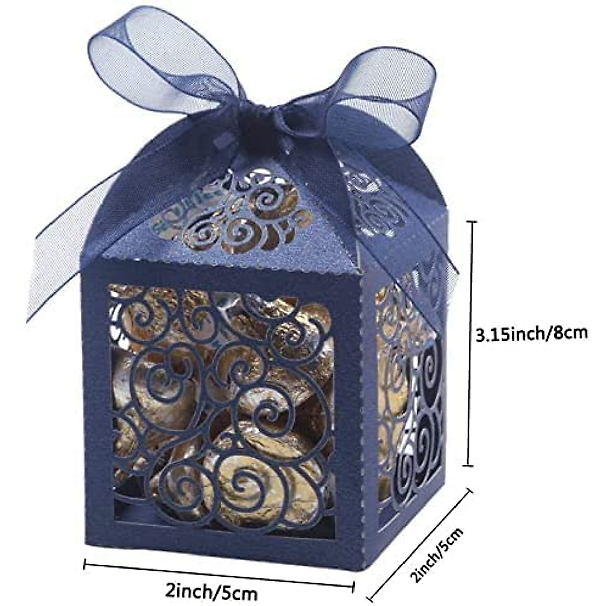 KPOSIYA 70 Pack Wedding Favor Boxes Laser Cut Boxes Party Favor Box Small Gift Boxes Lace Candy Boxes for Wedding Bridal Shower Baby Shower Birthday Party Anniverary with Ribbons (Navy, 70)