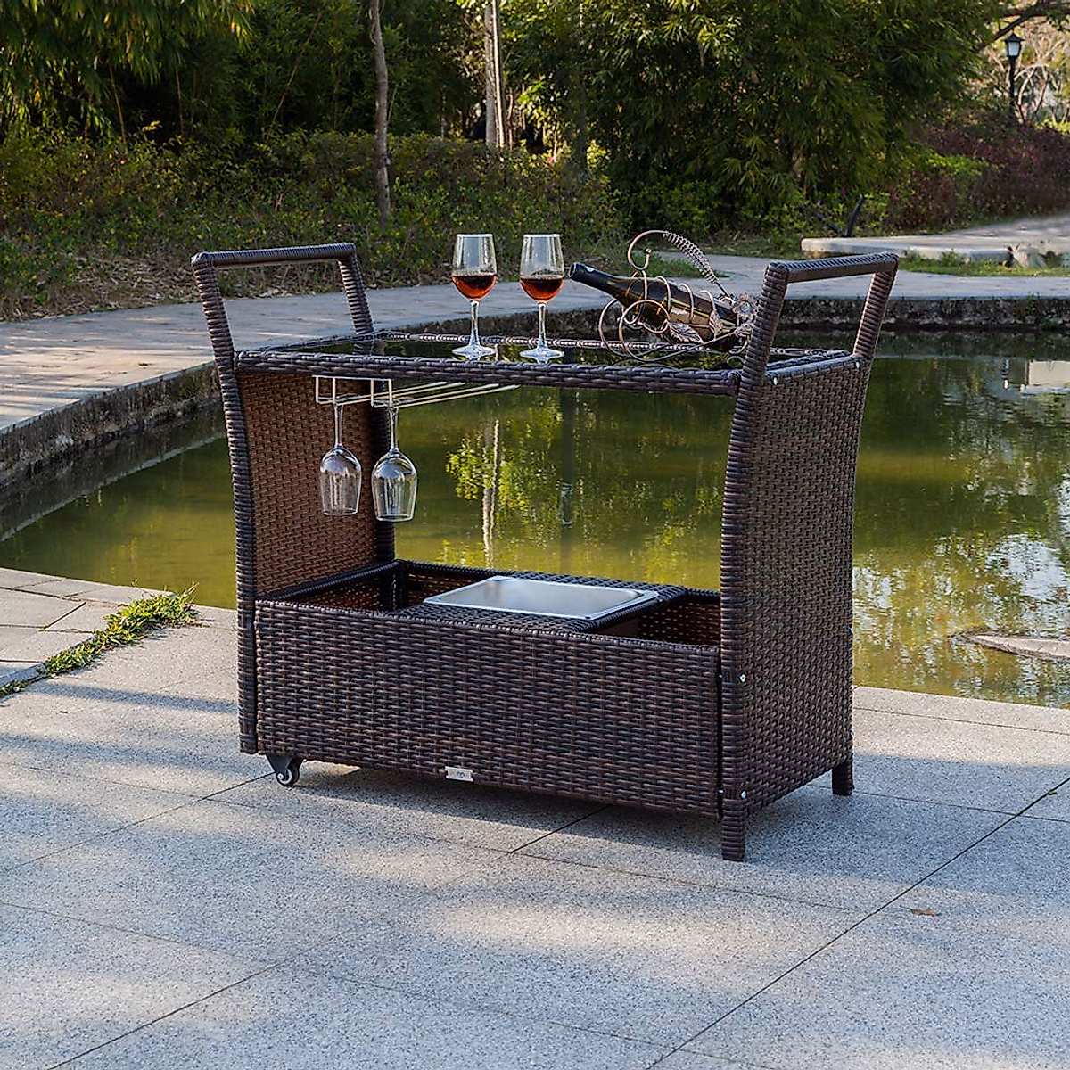 Bonnlo Wicker Outdoor Bar Cart with Wheels and Ice Bucket, Outdoor Bar Table Serving Cart Rattan Bar Cart with Glass Top and Wine Glass Holder for Pool, Party, Backyard, Porch