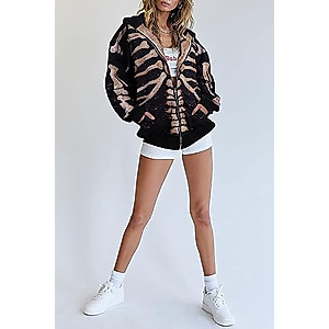 ASTANFY Skeleton Oversized Zip Up Hoodie Women Halloween Skull Sweashirt Y2k Skull Sweashirt Fall Streetwears Pullover Tops