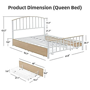Amyove Queen Size Platform Bed Frame with 4 Storage Drawers, Mattress Foundation with Headboard & Footboard, Metal Platform Bed Steel Slat Support/No Box Spring Needed
