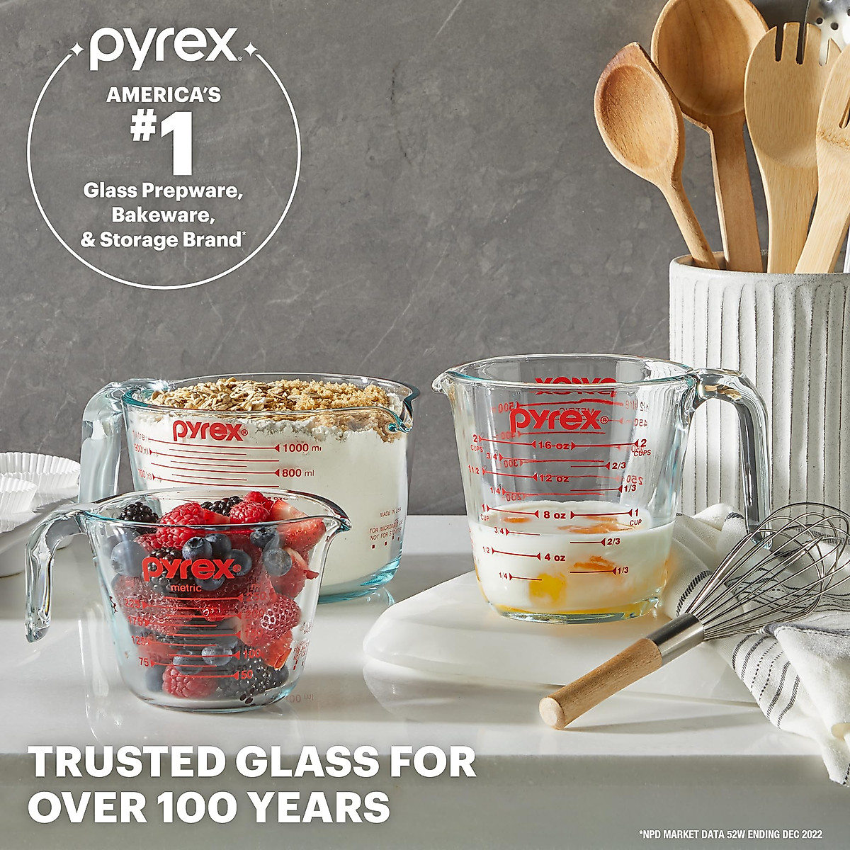 Pyrex 3 Piece Glass Measuring Cup Set, Includes 1-Cup, 2-Cup, and 4-Cup Tempered Glass Liquid Measuring Cups, Dishwasher, Freezer, Microwave, and Preheated Oven Safe, Essential Kitchen Tools