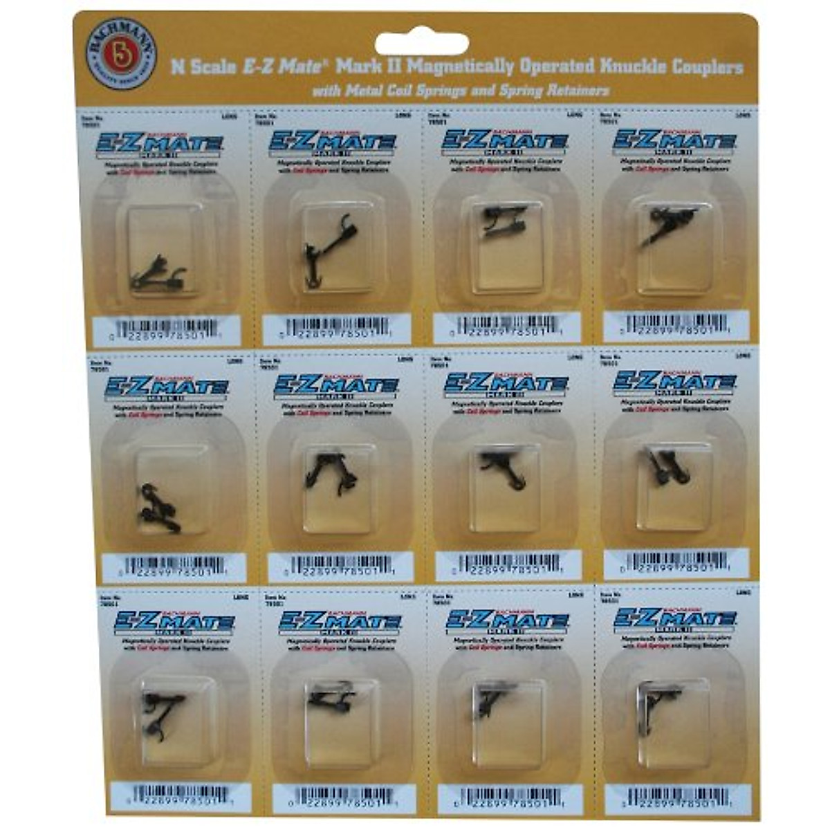 Bachmann Trains E - Z Mate Mark II Magnetic Knuckle Couplers with Metal Coil Spring - Medium (12 Coupler pairs per card) - N Scale