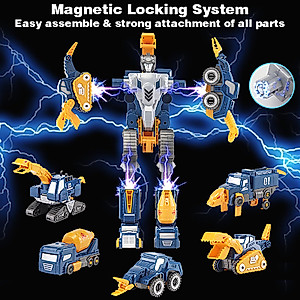 Toddler Construction Car Transform Set, 5pcs Dinosaur Rescue Robot with Magnetic Connectors, Assemble Building Trucks DIY STEM Toy, Holiday Birthday Present for Kids Boy Girl 3 4 5 6 7 Year