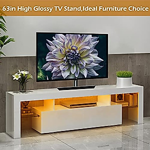 HAKFOO Modern LED TV Stand for 65/55 inch TV, Modern Entertainment Center with 1-2 Storage Drawers, High Gloss Television Stand for Living Room, APP/Remote RGB Light (White, 63inch)