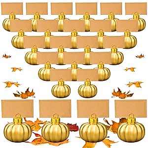 Soaoo 24 Set Thanksgiving Glass Harvest Pumpkin Place Card Holders with Thanksgiving Greeting Cards Fall Pumpkin Decor Table Name Holders Table Sign Card Holder for Thanksgiving Wedding Party (Gold)