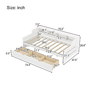 OUYESSIR Twin Size Daybed with 3 Storage Drawers, Upholstered Day Bed Frame with Bookcase Headboard and Full Wood Slats for Kids Teens Adult Boys Girls, No Box Spring Needed, White