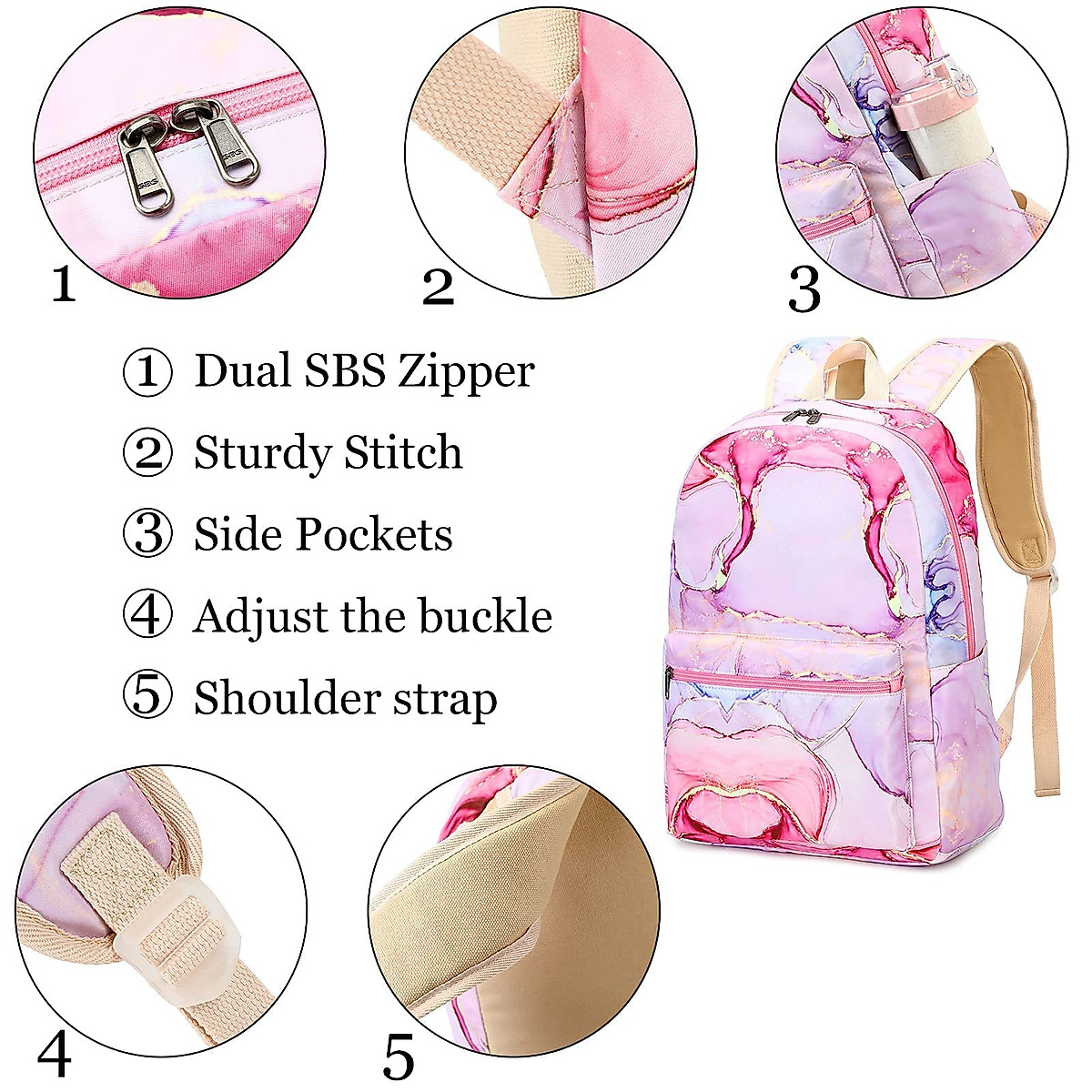 LOIDOU Backpack for Teen Girls Bookbags School Backpack with Lunch Box and Pencil Case 3 in 1 School Bags Set (Pink)