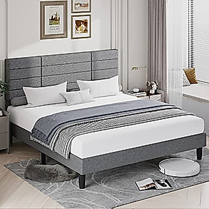 Sunrise Coast Bed Frame King Size Upholstered Platform Beds with Headboard Linen Fabric Wood Slat Support + Iron Frame, Mattress Foundation, No Box Spring Needed, Light Grey