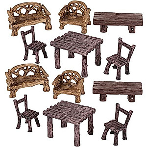 12 Pieces Fairy Garden Furniture Ornaments Miniature Table and Chairs Set Fairy Village Micro Resin Bench Chair for Dollhouse Accessories Home Micro Landscape Decoration (Vintage Style)