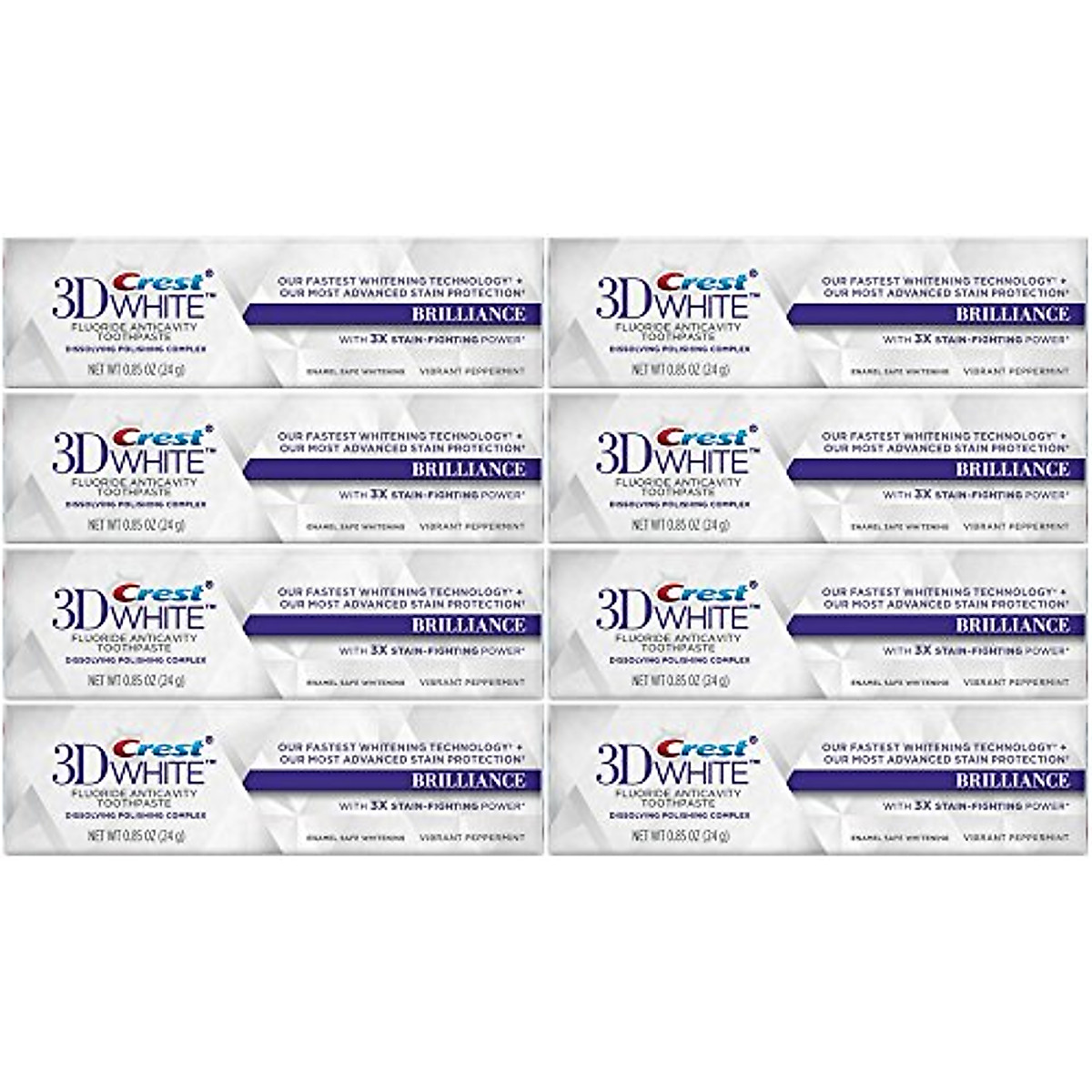 Crest 3D White Brilliance Whitening Toothpaste, Vibrant Peppermint, Travel Size, TSA Approved, 0.85 Ounce (Pack of 8)