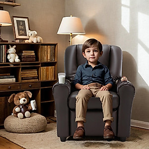 JC Home Contemporary Leather Kids Recliner with Cup Holder and Headrest, Hot Pink