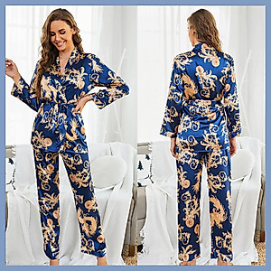 Arwser Women's Silk Satin Pajamas Set 4 Pcs Sleepwear Cami Top Pjs with Shorts and Robe Blue