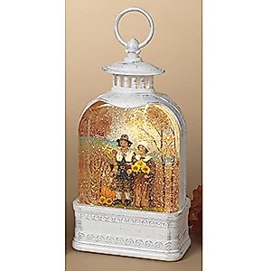 One Holiday Way 11-Inch Vintage Lighted White Water Lantern Snow Globe with Thanksgiving Pilgrims Woodland Harvest Scene - Autumn Tabletop Fall Decoration - Rustic Country Farmhouse Home Decor