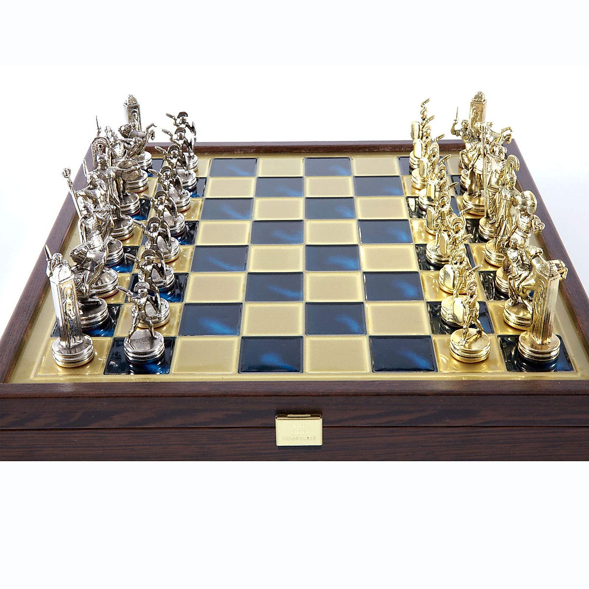 Manopoulos Greek Mythology Chess Set - Brass&Nickel - Wooden case Blue Board