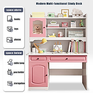 Study Desk with Hutch & Bookshelf & Drawers,Wooden Computer Desk Home Office Desk Teenager Desk,Cute Writing Study Desk Bookshelf Combo for Girl Boy(31.5inch, Pink)