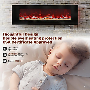 60 Inch Electric Fireplace with Bluetooth Speakers Wall Mounted Low Noise Ultra-Thin Linear Fireplace Adjustable 8 Flame Colors, Control by Button and Remote, 8h Timer (No-Recessed)