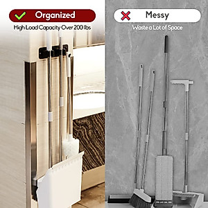 NisuAM 2 Pack Broom Holder Wall Mount with 2 Slots 1 Hooks, Broom Hanger Self Adhesive, Garage Organization Garage Storage Stainless Steel Broom Mop Organized Wall Mounted Garage,Laundry room