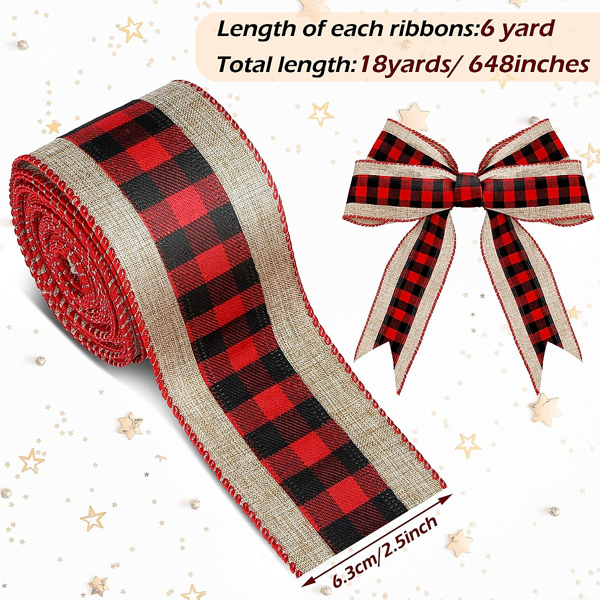 Jutom 3 Rolls Christmas Buffalo Plaid Ribbon Burlap Wired Edge Plaid Ribbons Christmas Wrapping Ribbon for Christmas Crafts DIY Bows Xmas Home Party Wrapping 2.53 Inch x 6 Yards(Red and Black)