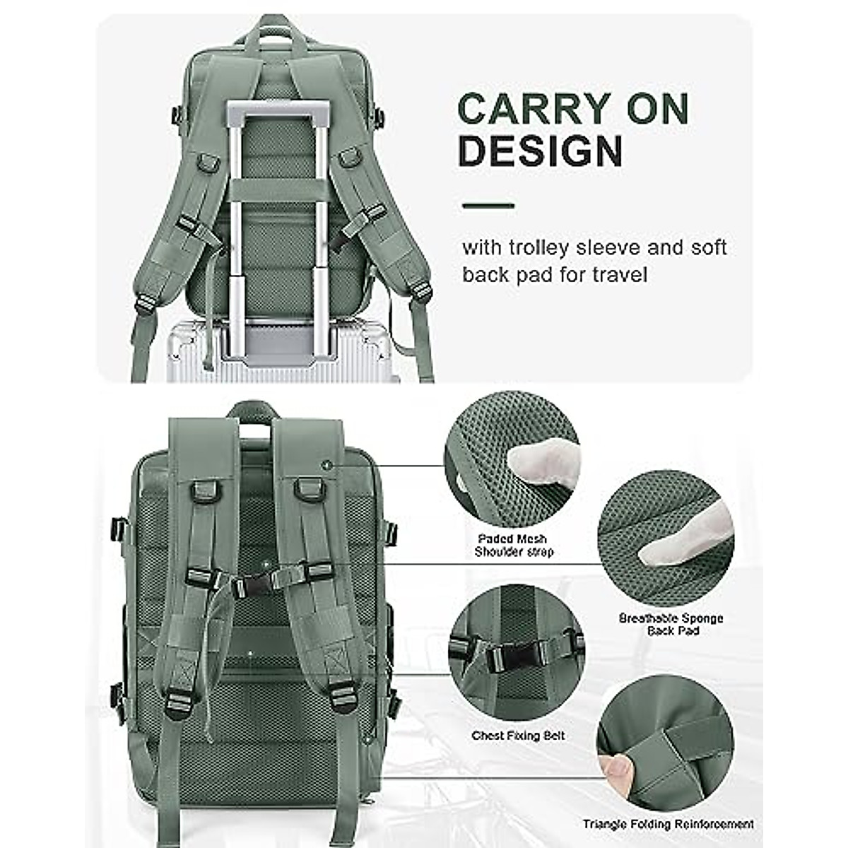 Large Travel Backpack for Women Carry On Airline Flight Approved Expandable Work Personal Item size Backpack Bag with Laptop compartment for College Men Waterproof Hiking Mochila de Viaje Green