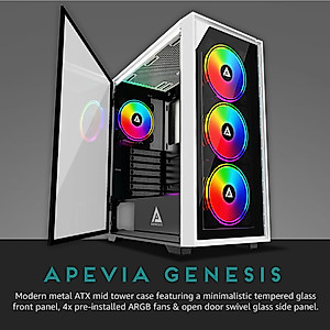 Apevia Genesis-WH Mid Tower Gaming Case with 2 x Tempered Glass Panel, Top USB3.0/USB2.0/Audio Ports, 4 x RGB Fans, White Frame