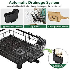 Qienrrae Dish Drying Rack for Kitchen Counter, 2 Tier Dish Racks with Drainboard Set, Detachable Large Dish Drainer with Utensils Holder, Large Dish Strainers with Extra Drying Mat, Black
