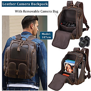 Masa Kawa Vintage Leather 15.6" Laptop Computer Backpack Camera Bag for Men Photographers Brown Large Business Travel Work Multi Pockets Rucksack Daypack