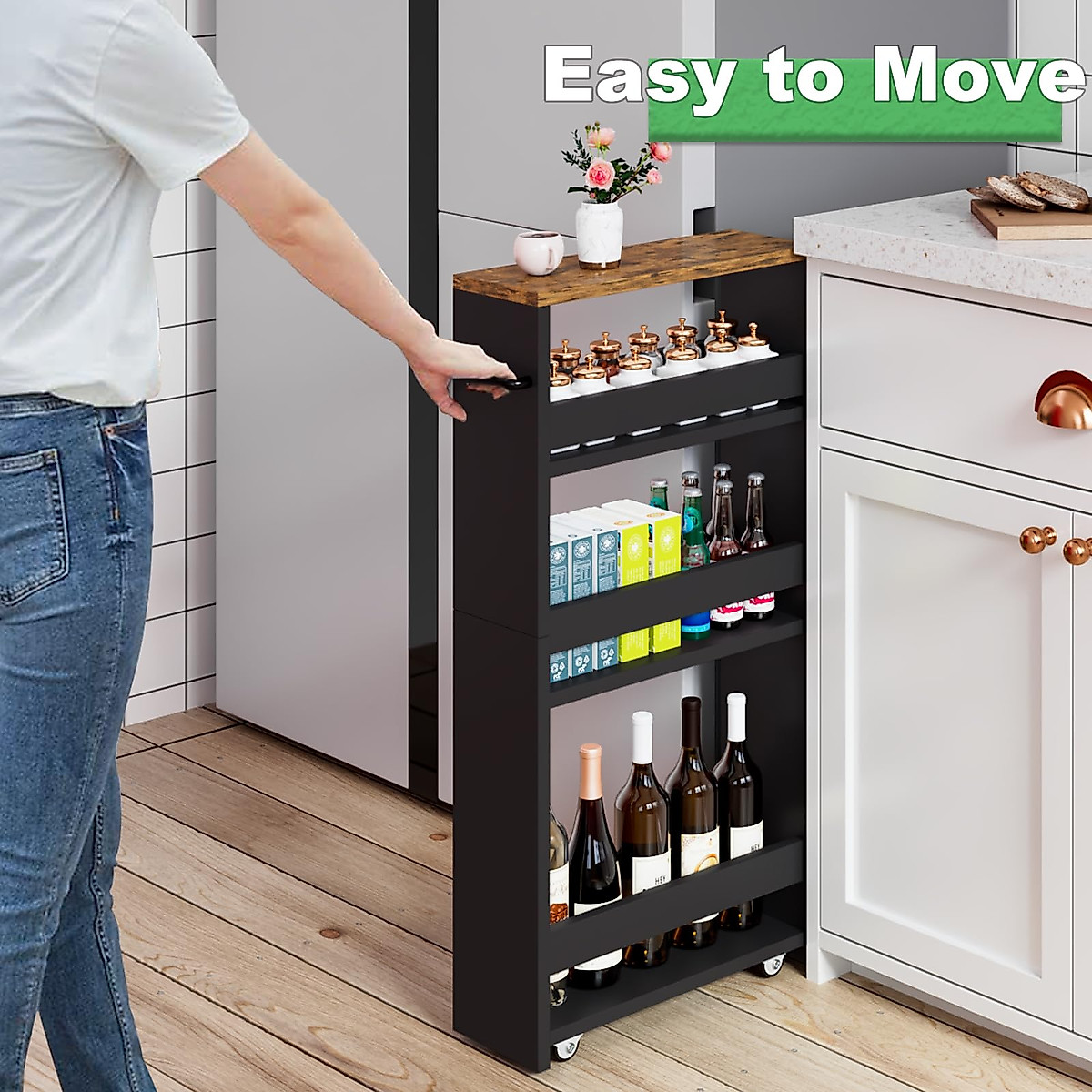 MARTY Rolling Storage Cart 4-Tier Black Kitchen Cart on Wheels, Slim Storage Cart with Handle Slide Out Utility Cart Shelving Unit Organizer Trolley for Laundry Narrow Places Bathroom Small Corner