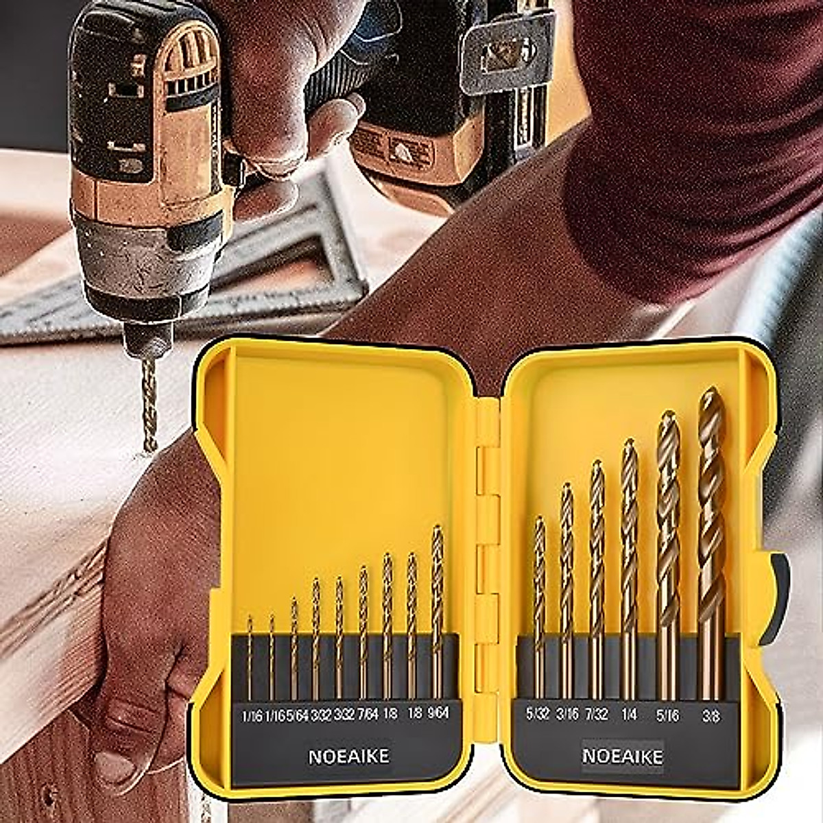 Cobalt Drill Bit Set,NOEAIKE 15-Pack M35 HSS Metal Drill Bits,Twist Jobber Length Cobalt Drill Bits Size 1/16"-3/8" for Hardened Steel,Stainless Steel,Cast Iron,Aluminum Alloy,Wood with Storage Case