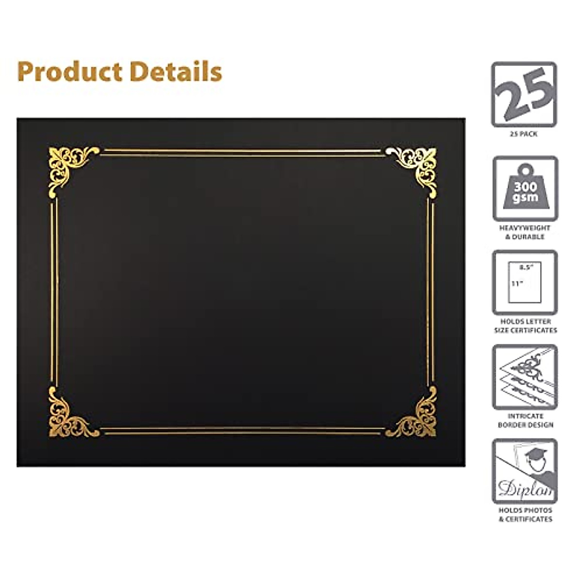 25 Pack Black Certificate Holders, Diploma Holders, Document Covers with Gold Foil Border, by Better Office Products, for Letter Size Paper, 25 Count, Black