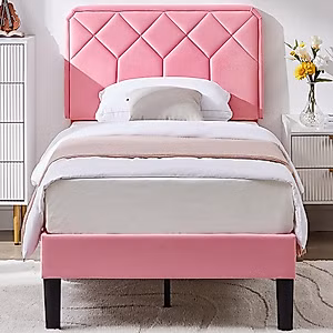 VECELO Twin Size Bed Frame Premium Velvet Upholstered Platform with Height Adjustable Headboard/Mattress Foundation, Solid Wooden Slat Support, No Box Spring Needed/Easy Assembly