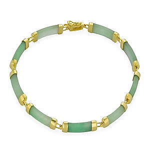 Asian Style Gemstone Genuine Light Green Jade Strand Contoured Tube Bar Link Bracelet For Women 14K Yellow Gold Plated .925 Sterling Silver 7.5 Inch
